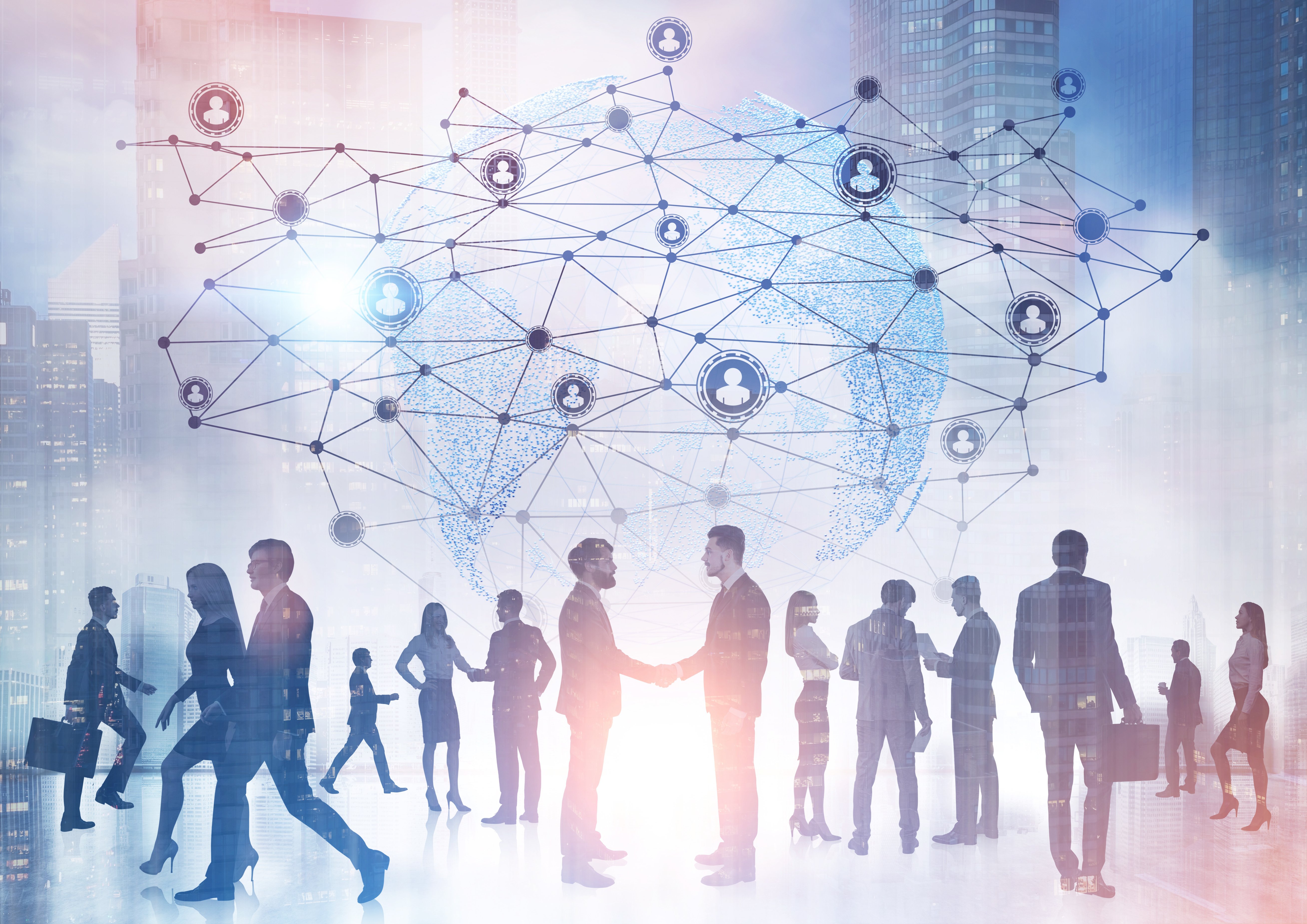 Business people silhouettes, network